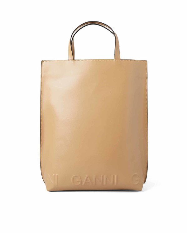 Ganni Banner Recycled Leather Medium Tote Bag - Beige | Garmentory