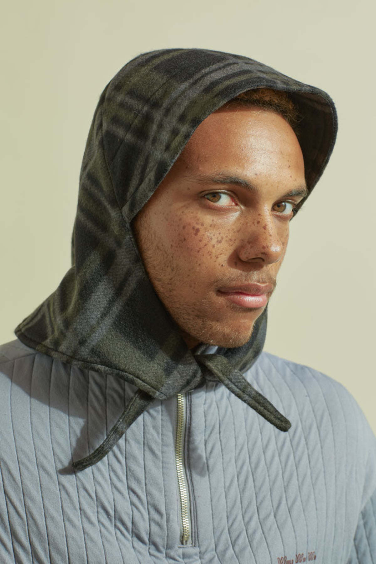 Clyde Fleece Bonnet - Black/Olive Plaid | Garmentory