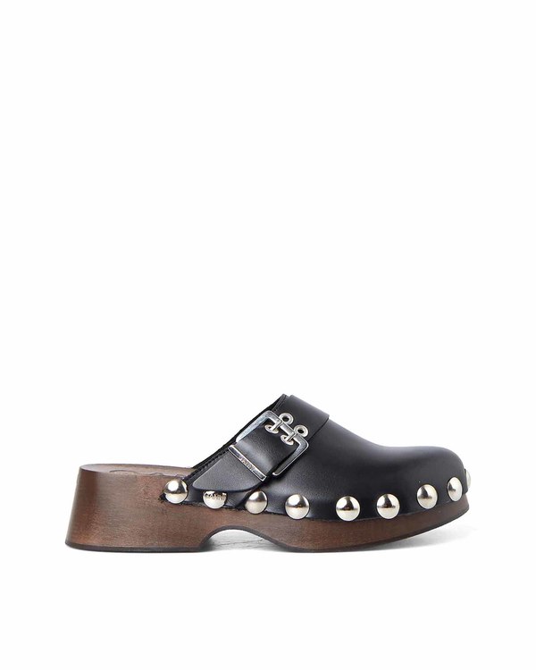 Ganni Studded Leather Clogs - Black | Garmentory