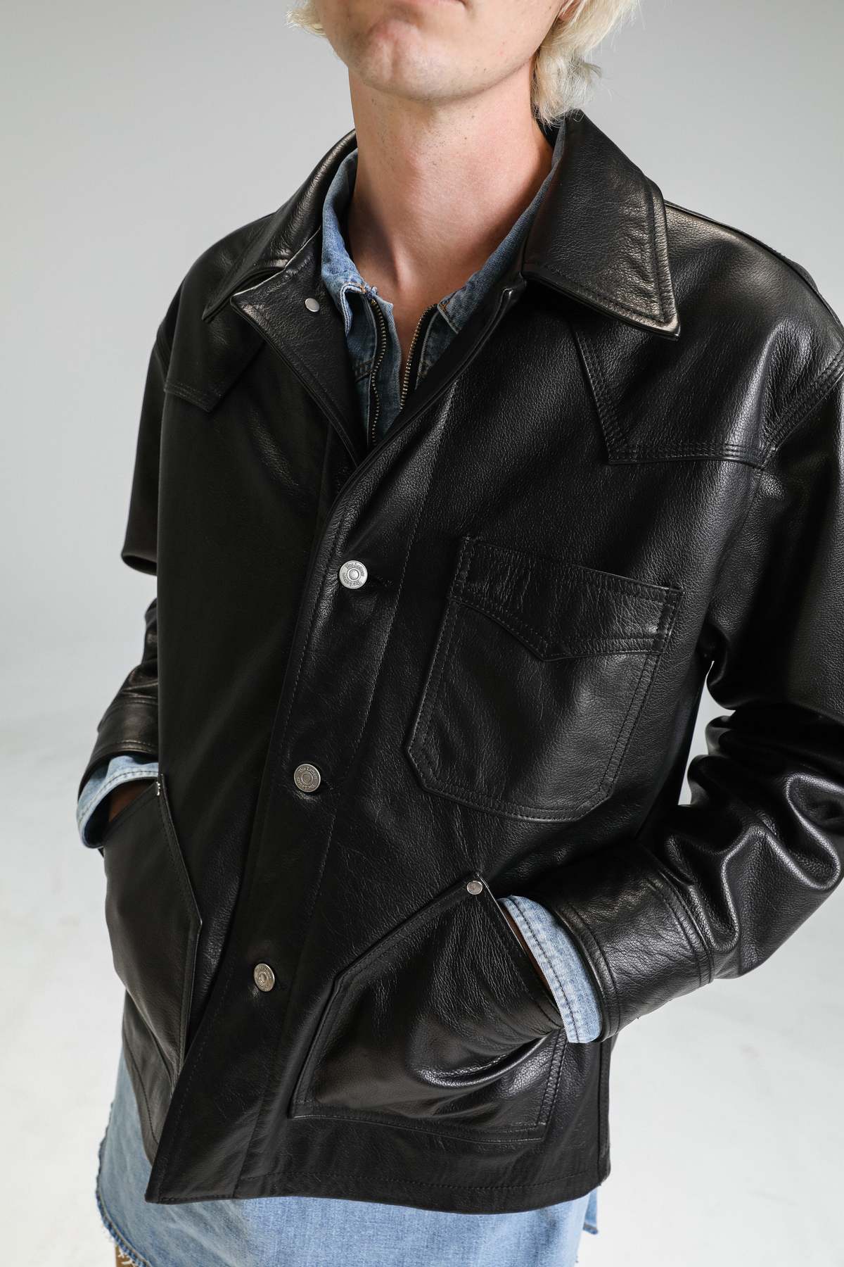 The Letters Cow Hide Western Coverall Jacket - Black | Garmentory