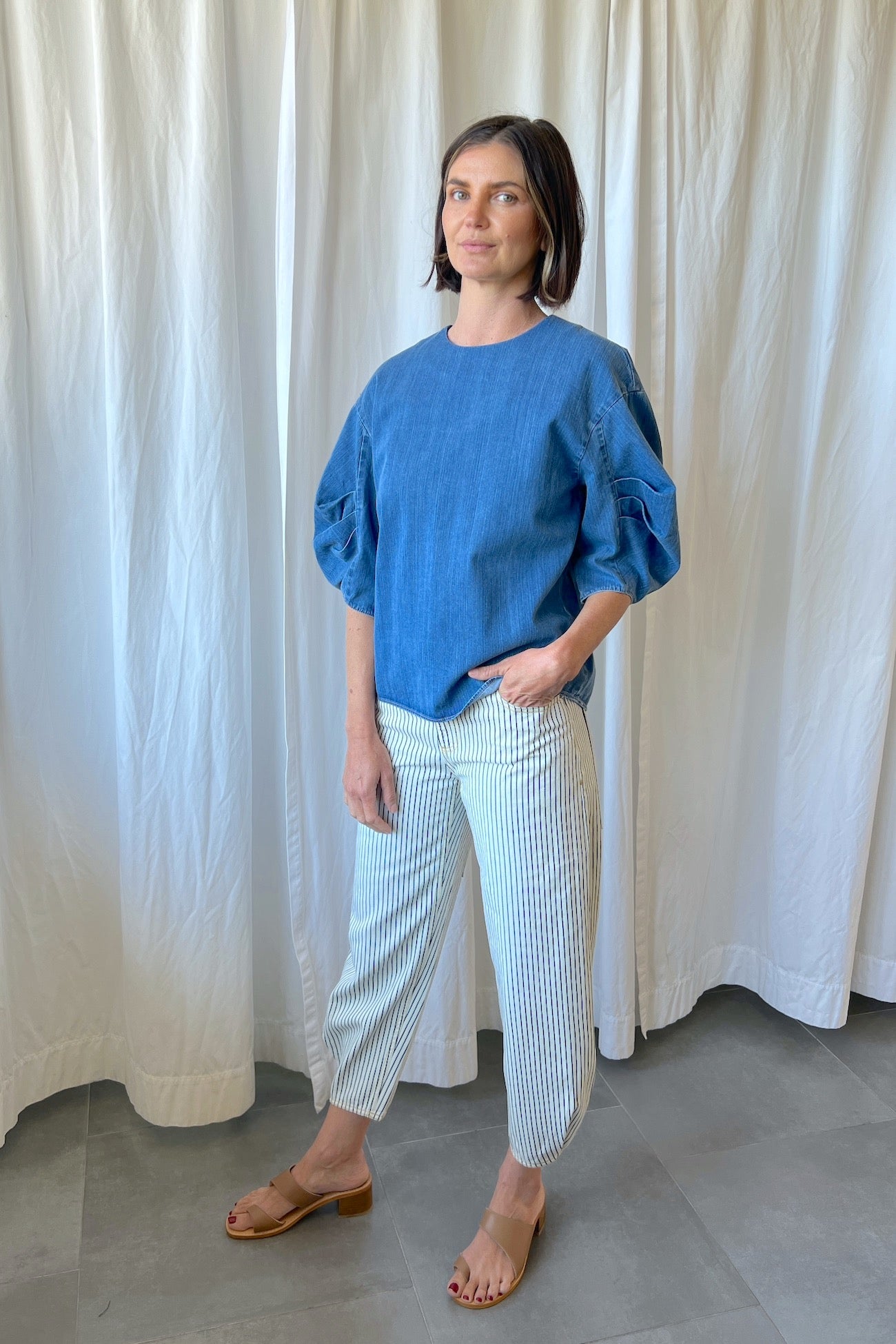 Tibi Denim Pleat Sleeve Top | Garmentory