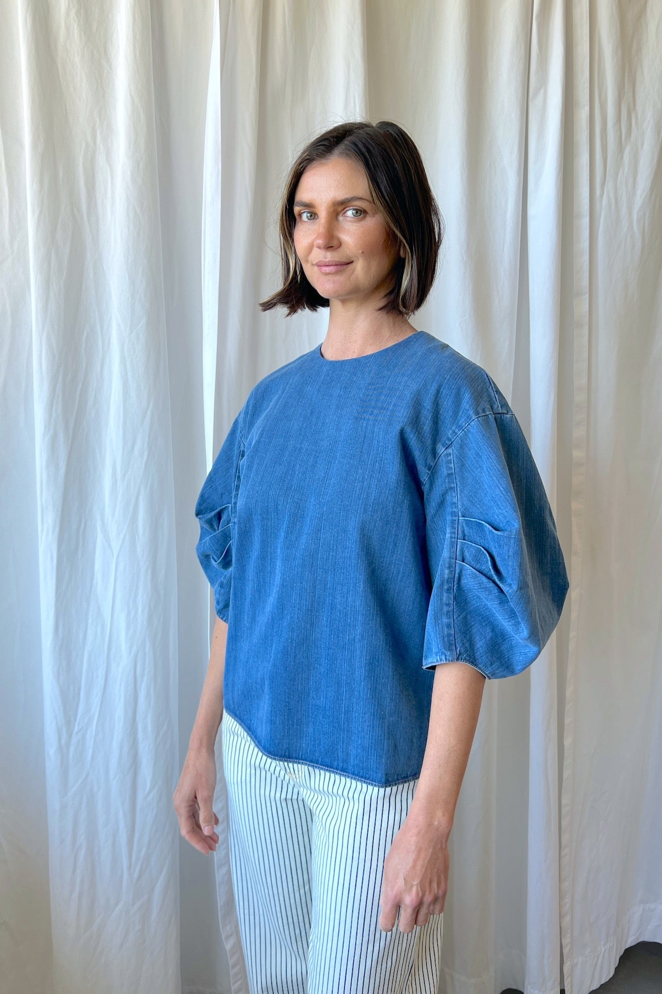 Tibi Denim Pleat Sleeve Top | Garmentory