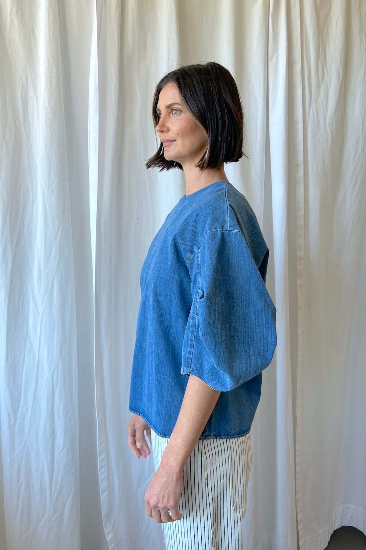 Tibi Denim Pleat Sleeve Top | Garmentory