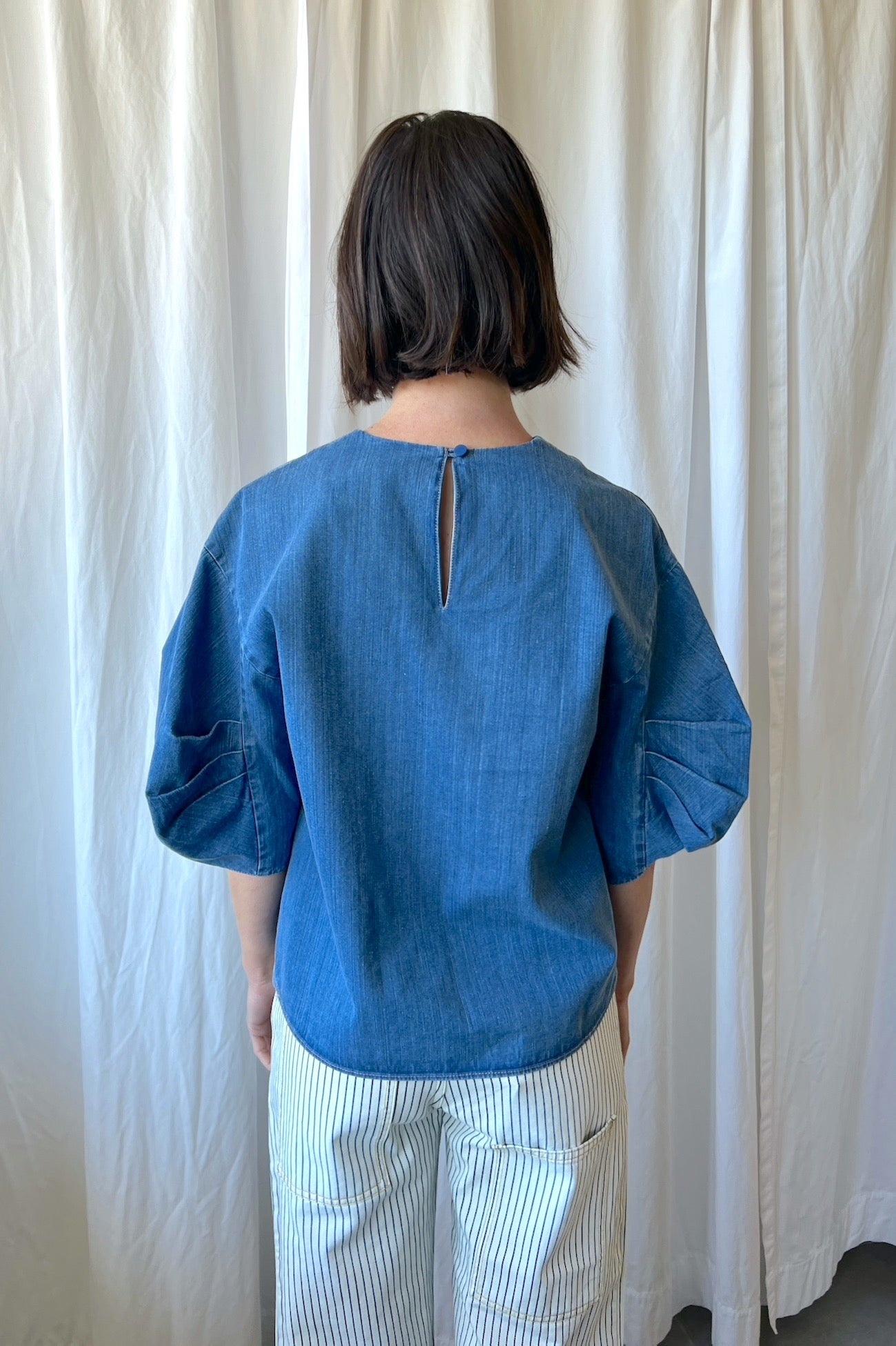 Tibi Denim Pleat Sleeve Top | Garmentory