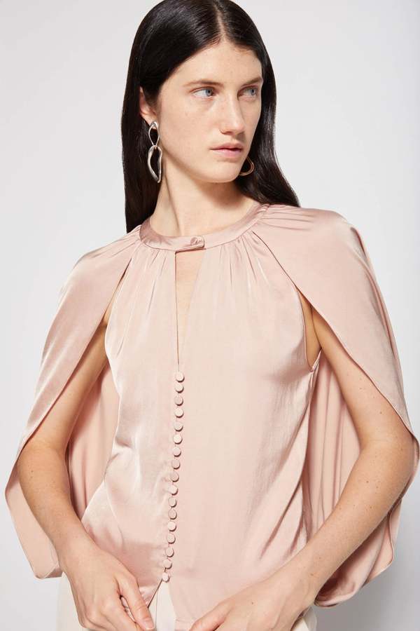 Jonathan Simkhai Audrey Fluid Satin Button Down Cape Top - Macchiato ...