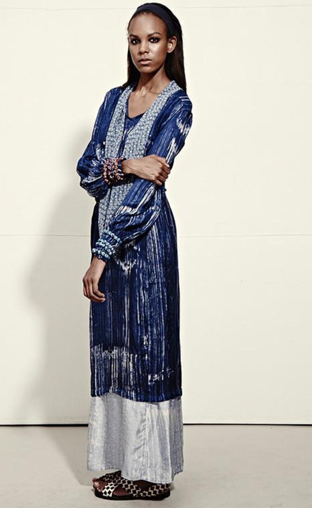 Studio One Eighty Nine Brushed Silk Hand-Batik Long Dress - Navy/Baby Blue | Garmentory