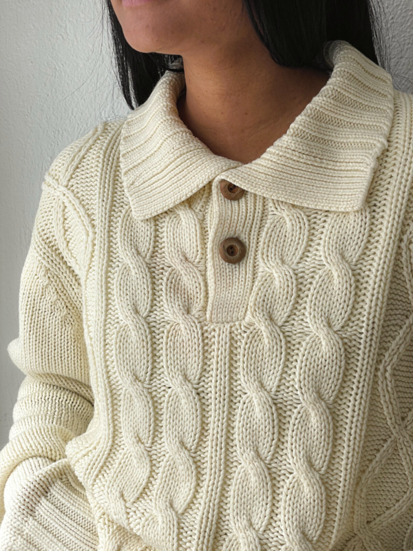Cable Knit Collared Button Knit sweater - Ivory | Garmentory
