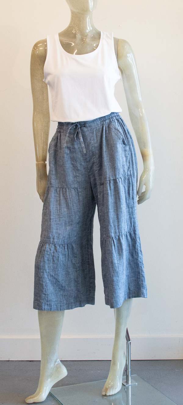 Yuvita Denim Tiered Linen Pant - Blue Chambray | Garmentory