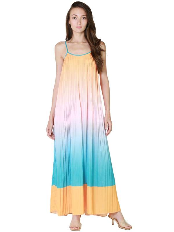Current Air Gradation Pleated Maxi Dress - Orange/Pink/Blue | Garmentory