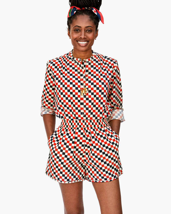 Clare V. St Martin Top - Navy/Poppy Checker | Garmentory