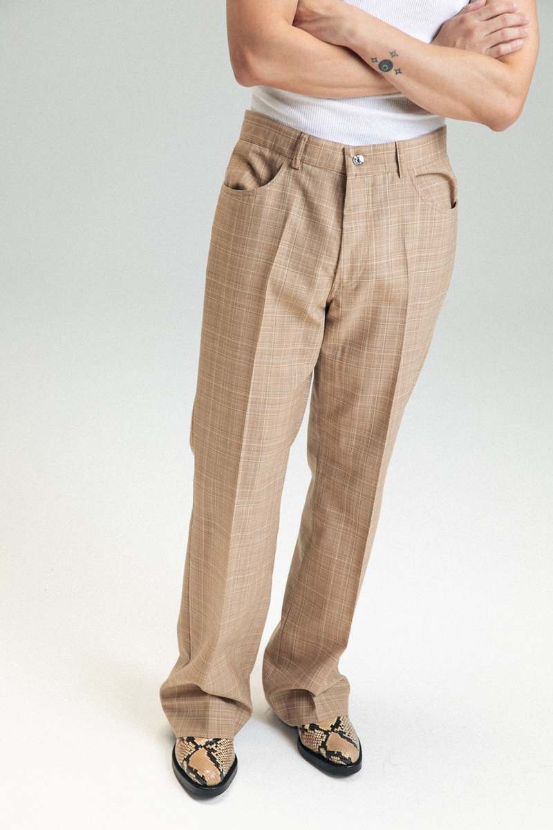 SECOND/LAYER Plaid Wool Valluco Trouser - Sand | Garmentory