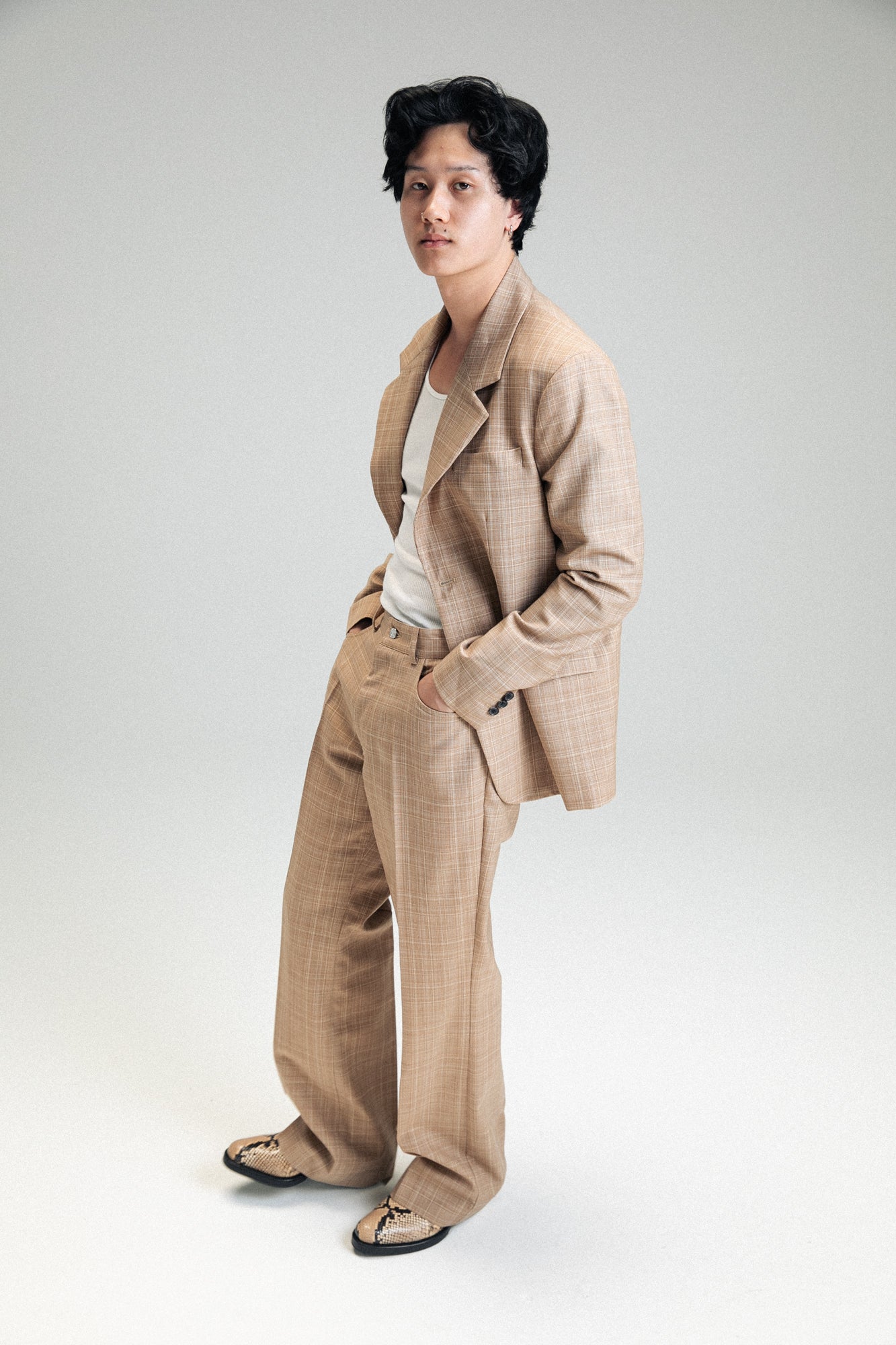 SECOND/LAYER Plaid Wool Valluco Trouser - Sand | Garmentory