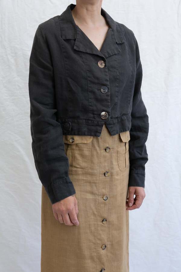 1990s Cropped Structured Linen Jacket - Charcoal | Garmentory