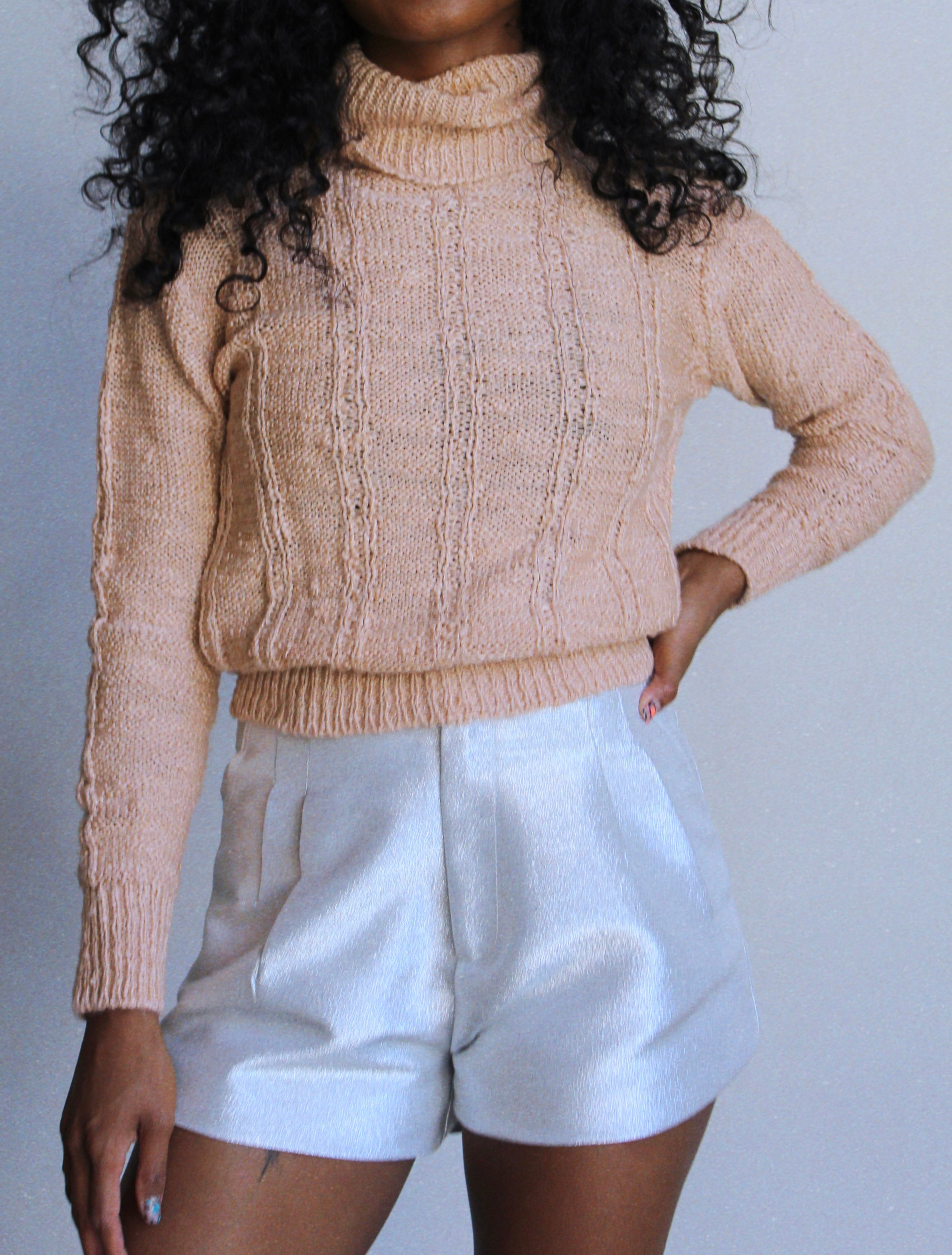 Vintage 3 Women 1970s Open Weave Knit Turtleneck Sweater - Peach ...