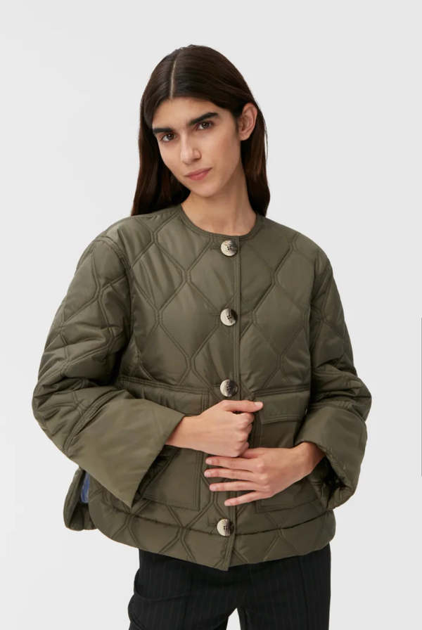 Ganni Recycled Ripstop Quilt Frill Collar Jacket - Kalamata | Garmentory