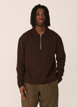 YMC Frat Cotton Zip Polo - Brown | Garmentory