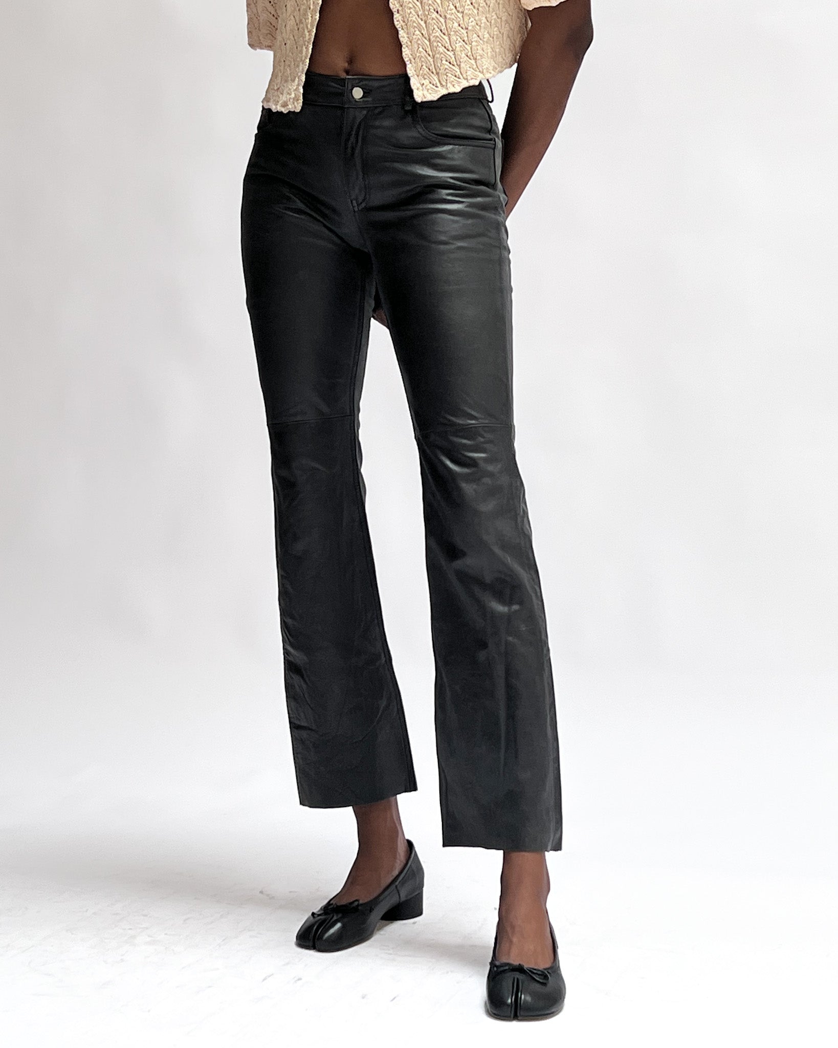 Vintage Leather Low Rise Flared Pants - Black | Garmentory