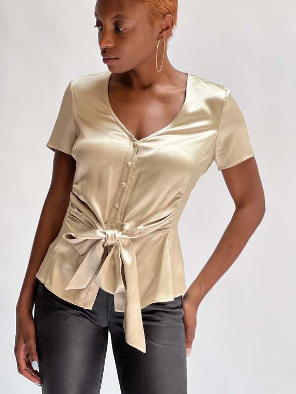Vintage Silk Charmuese Wrap Top - Beige | Garmentory