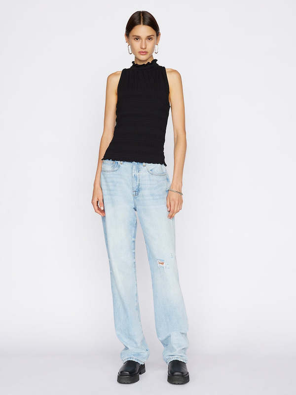 FRAME Denim Smocked Knit Halter Top - Noir | Garmentory