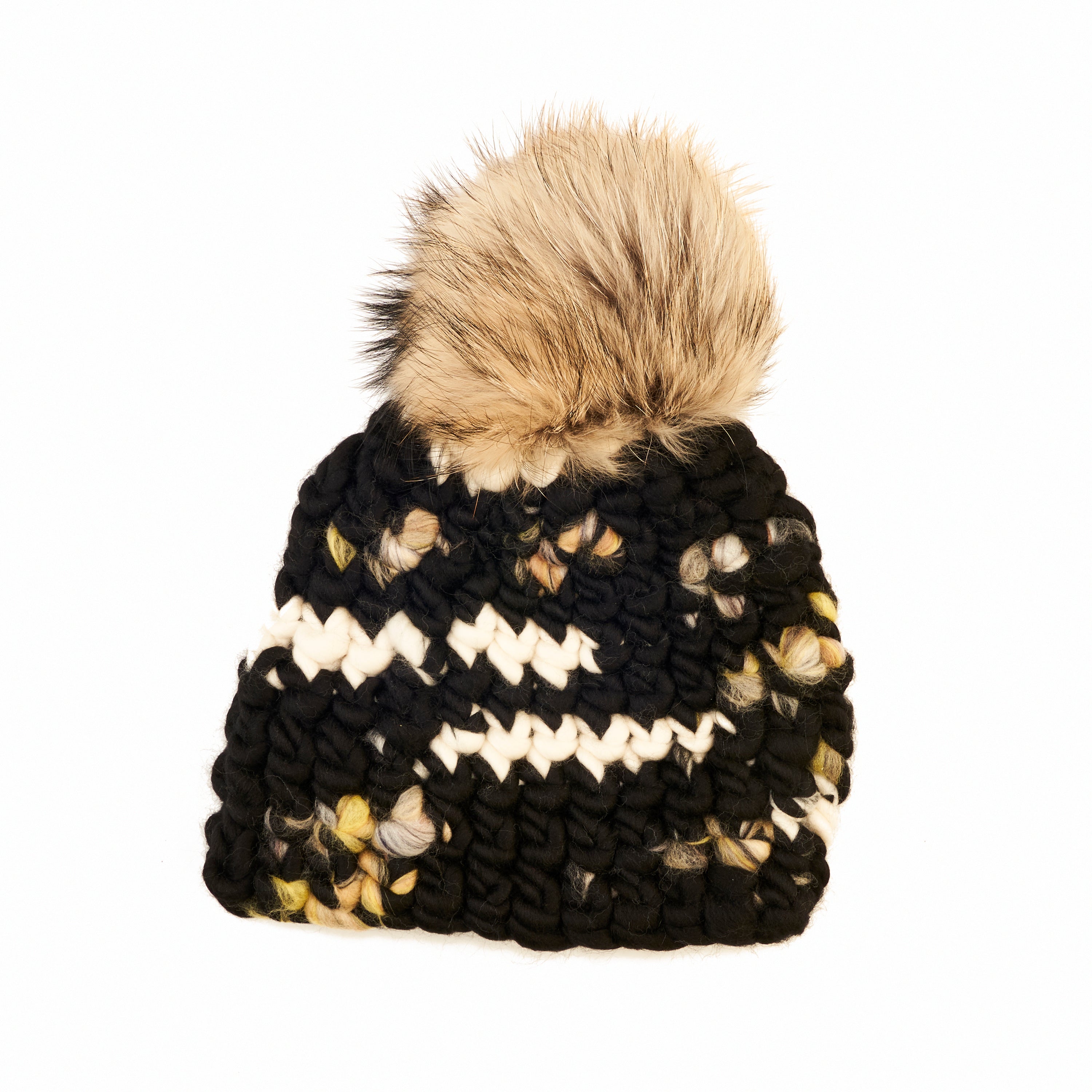 Mischa Lampert sunny pattern pomster raccoon pom beanie - dark | Garmentory
