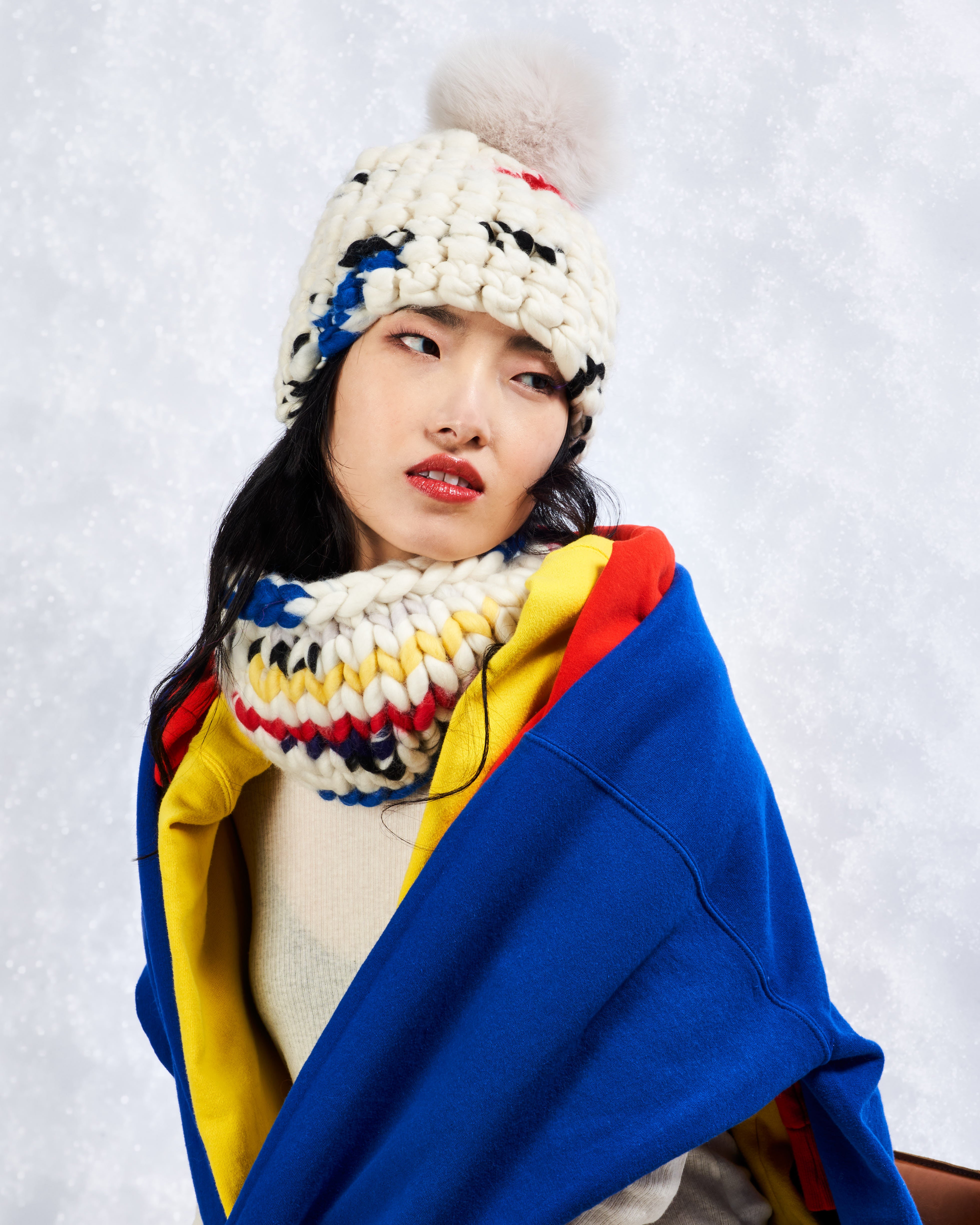 Mischa Lampert mondrian pomster nude pom beanie - Cream | Garmentory