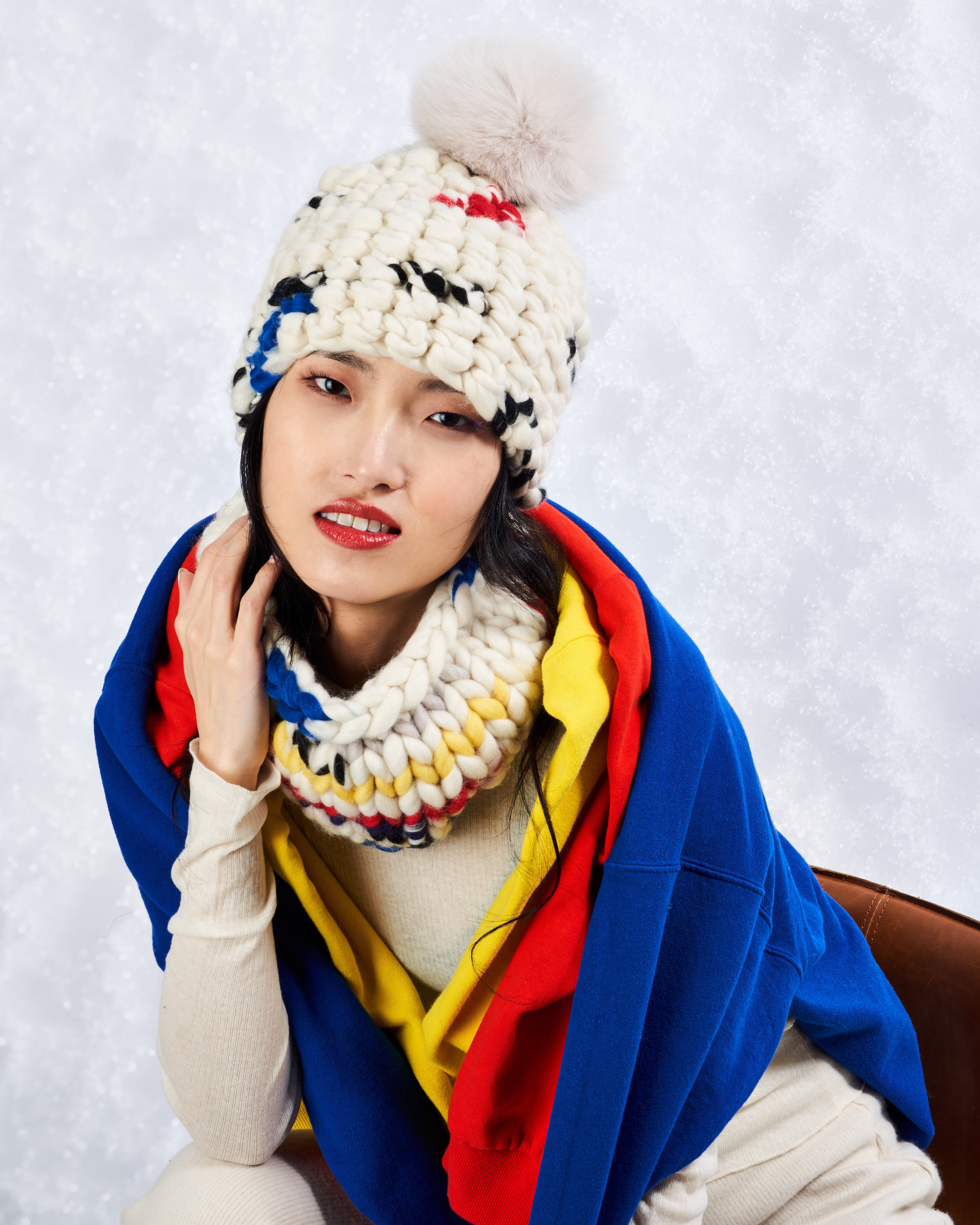 Mischa Lampert mondrian pomster nude pom beanie - Cream | Garmentory