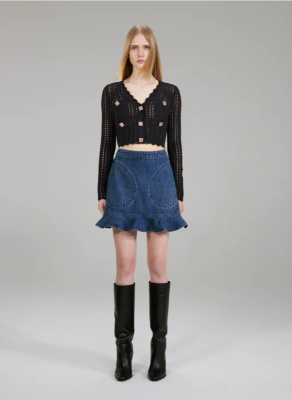 Self-Portrait Denim Ruffle Skirt - Dark Wash | Garmentory