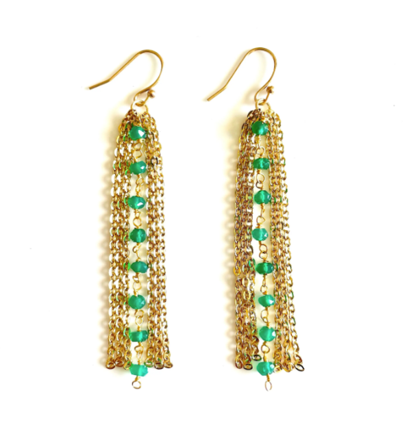 Jennifer Tuton Gemstone Fringe Earring - Gold/Green | Garmentory