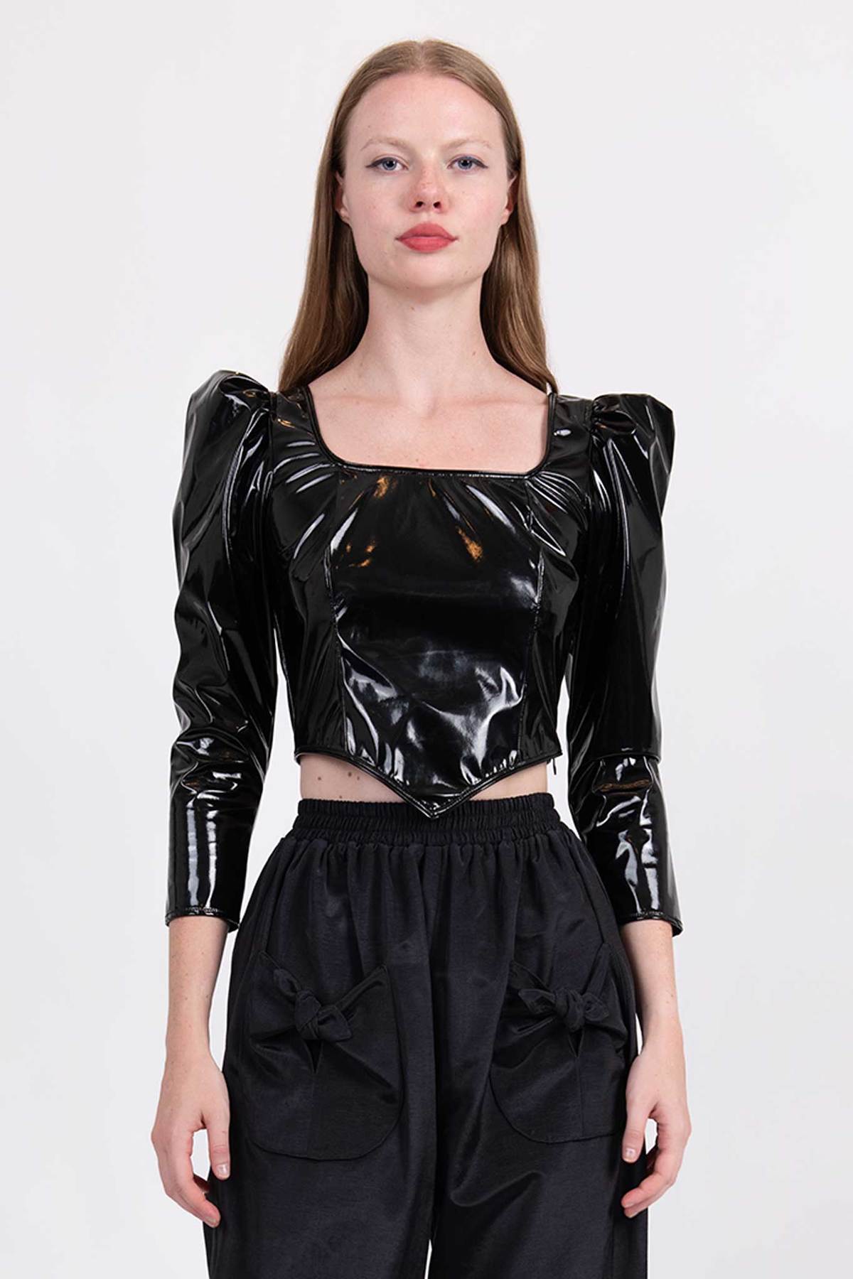 BATSHEVA Long Sleeve Dirndl Top - Black PVC | Garmentory