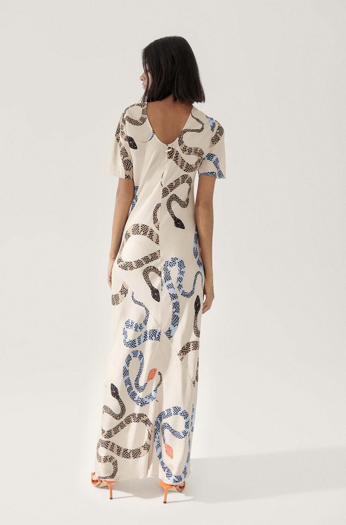 Silk Laundry Short Sleeve Bias Dress - Hazelnut Snakes | Garmentory