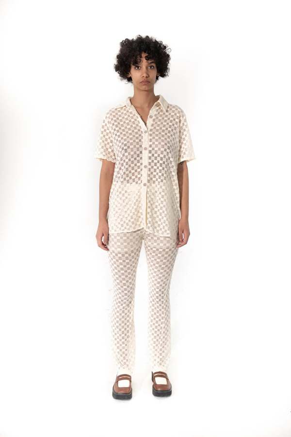 Find Me Now Harmony Checkered Mesh Button Down - White Noise | Garmentory