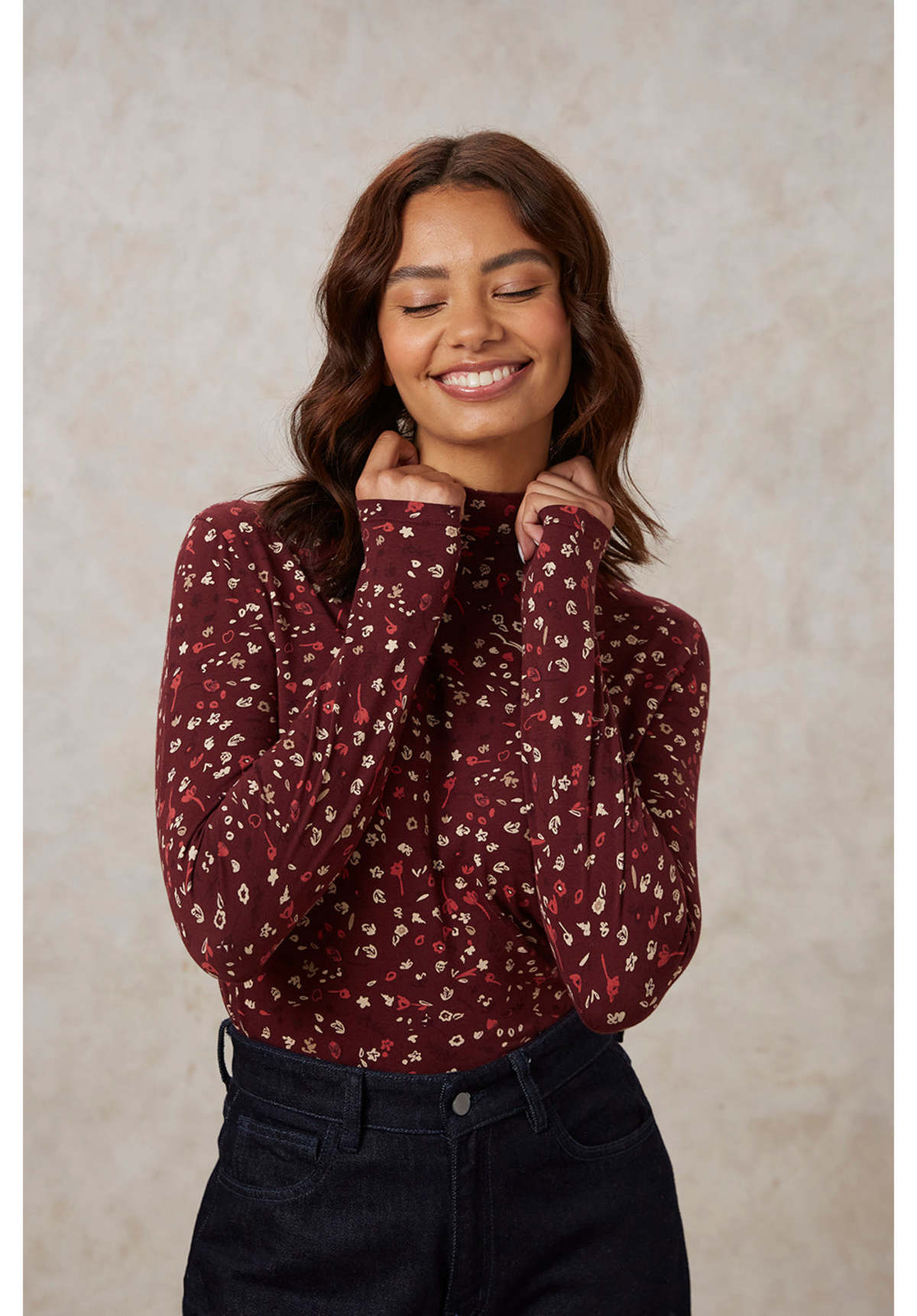 People Tree Carmen Floral Turtleneck - Burgundy Floral | Garmentory