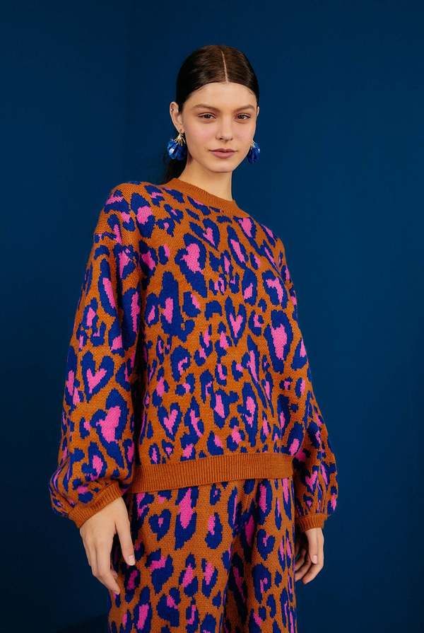 Farm Rio Leopard Pop Caramel Sweater - Multi | Garmentory