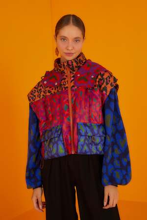 Farm Rio MIXED LEOPARD POP CROPPED PUFFER - Multi | Garmentory