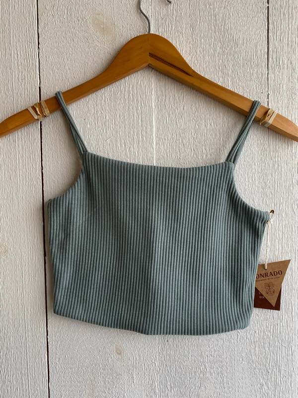 Conrado Velvet Knit Ribbed Crop Tank/Bra - Sky Sage | Garmentory