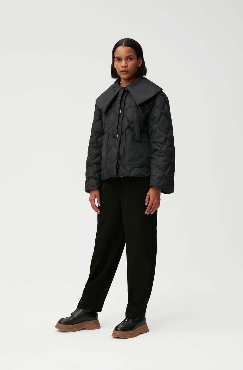 Ganni Ripstop Quilt Big Collar Jacket - Black | Garmentory