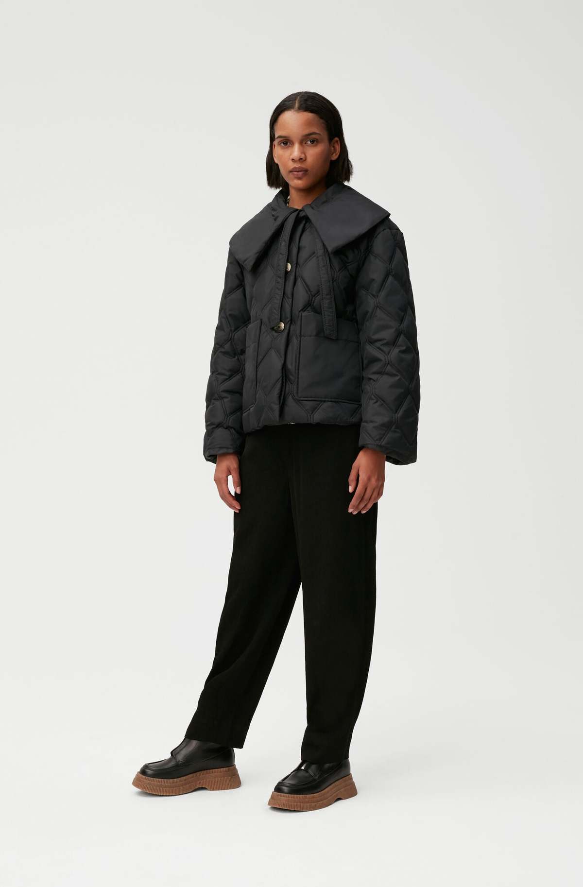 Ganni Ripstop Quilt Big Collar Jacket - Black | Garmentory