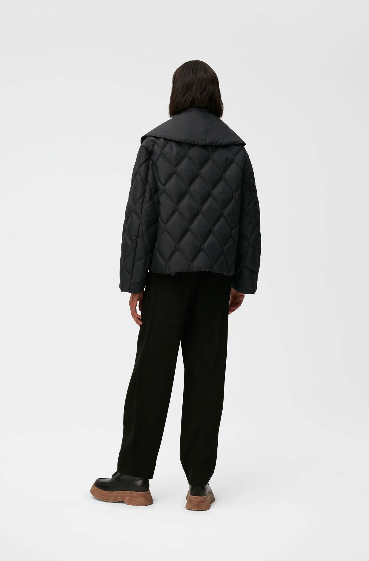 Ganni Ripstop Quilt Big Collar Jacket - Black | Garmentory