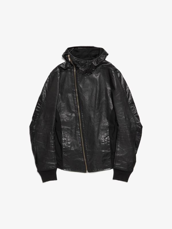 Rick Owens Asymmetric Nylon Blocks Leather Jacket - Black | Garmentory