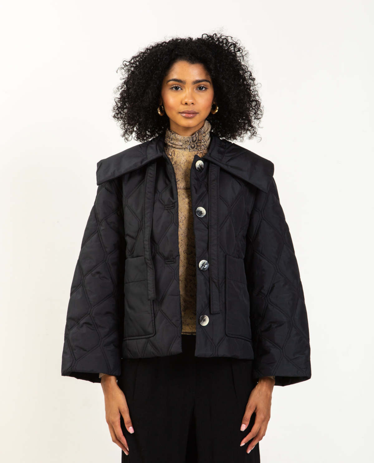 Ganni Ripstop Quilt Big Collar Jacket - Black | Garmentory