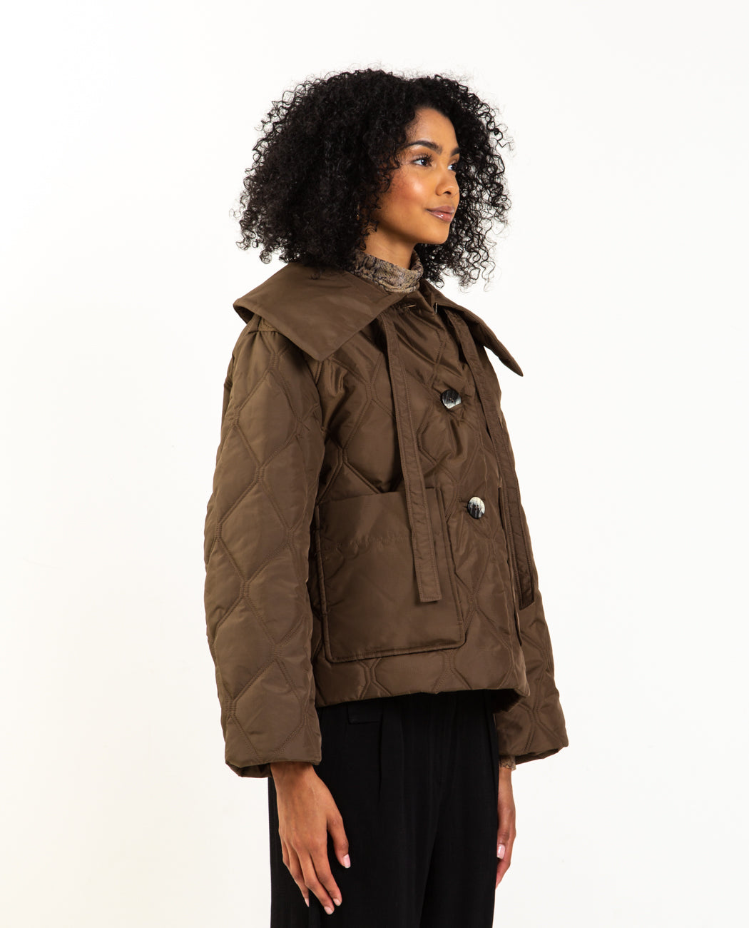 Ganni Ripstop Quilt Big Collar Jacket - Teak | Garmentory