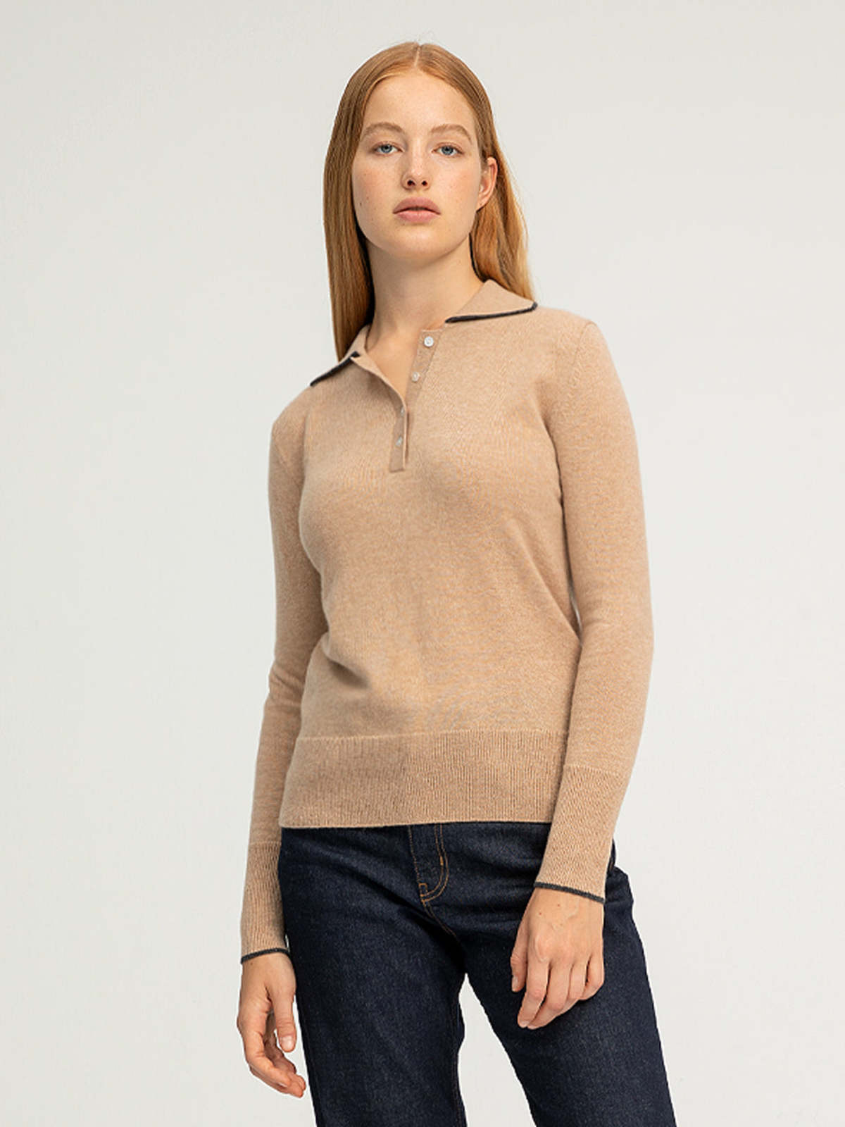 PURECASHMERE NYC Tipped Polo Sweater - Camel | Garmentory