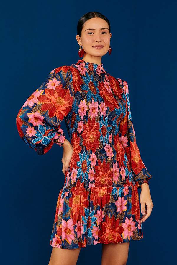 Farm Rio Garden Smocked Mini Dress - Navy Multi | Garmentory
