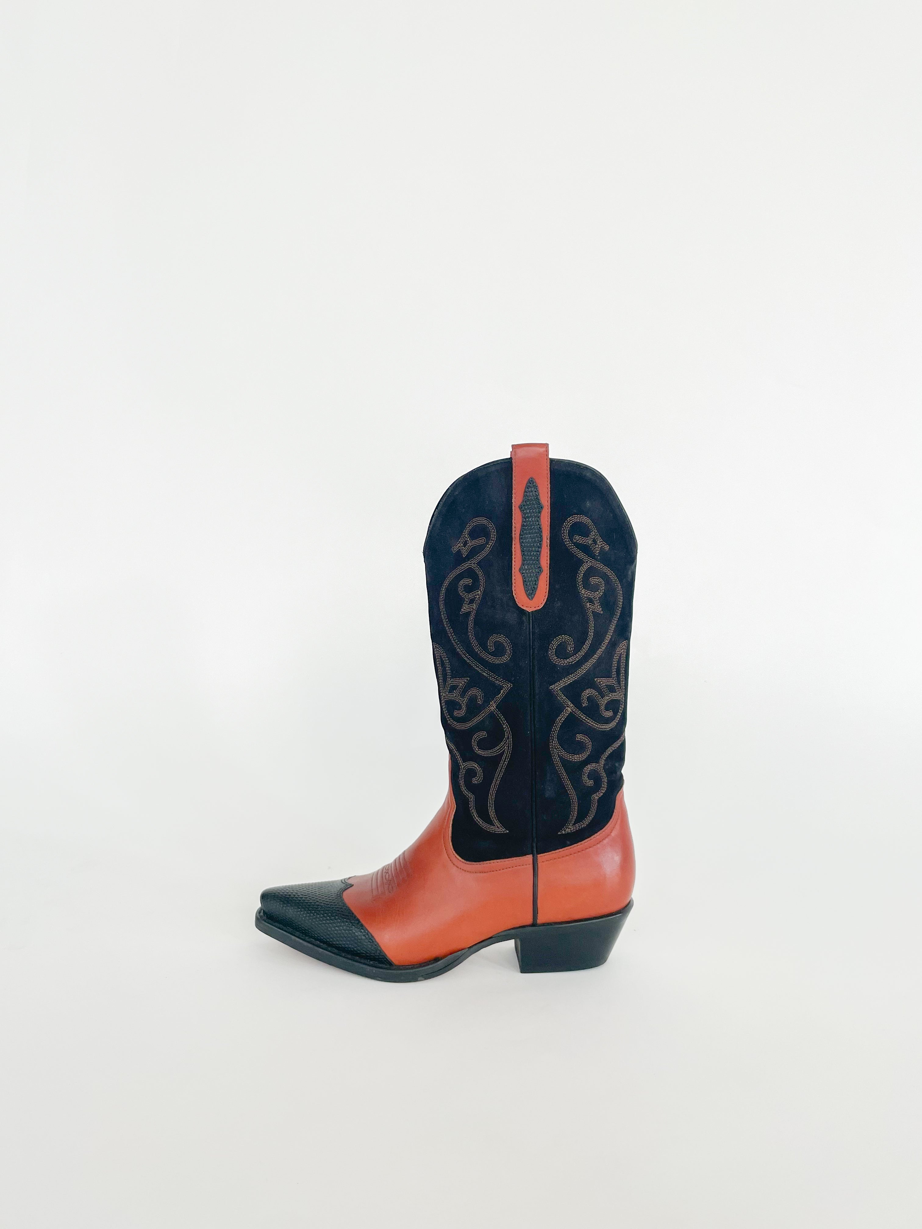 Two Tone Suede/Leather Cowboy Boots - Black/Brown | Garmentory