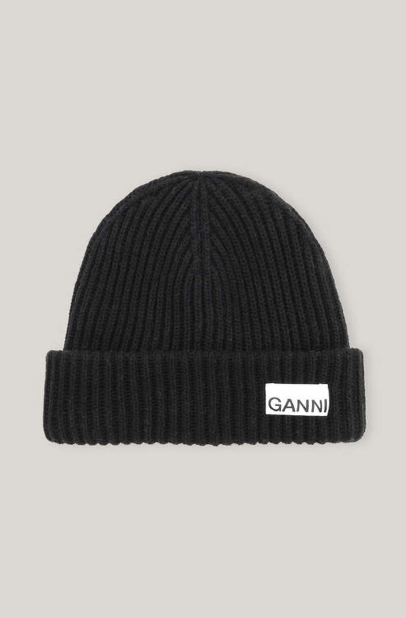 Ganni Structured Rib Knit Beanie - Black | Garmentory