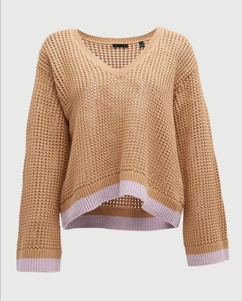 ATM Deep V-Neck Contrast Sweater - Caramel Combo | Garmentory