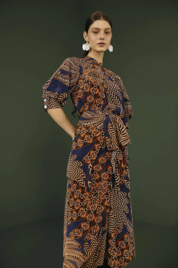 Farm Rio Mixed Yawanawa Vanahu Midi Dress - Navy | Garmentory