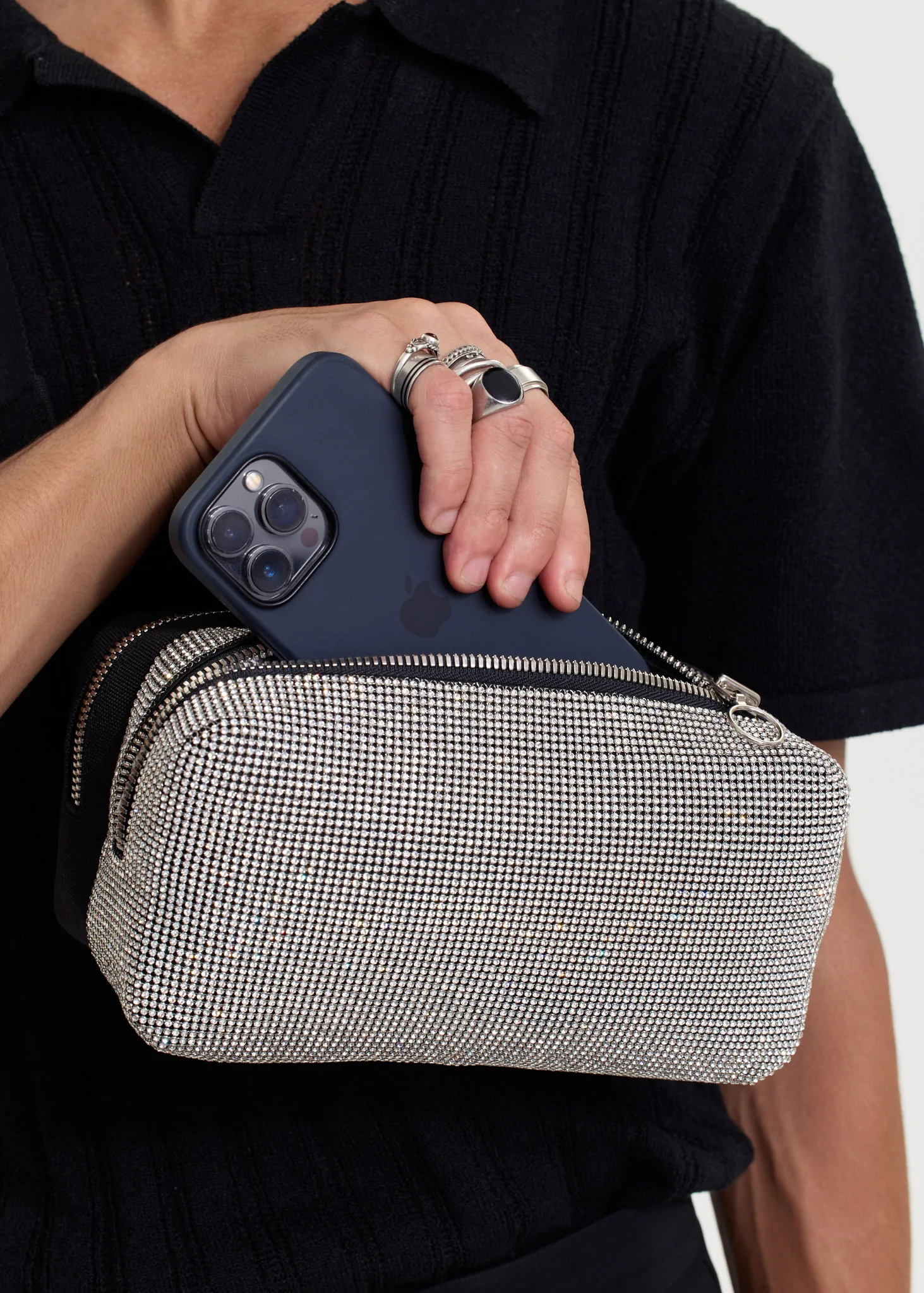 KARA Black Cargo Sling Bag - Black/Crystal Mesh | Garmentory