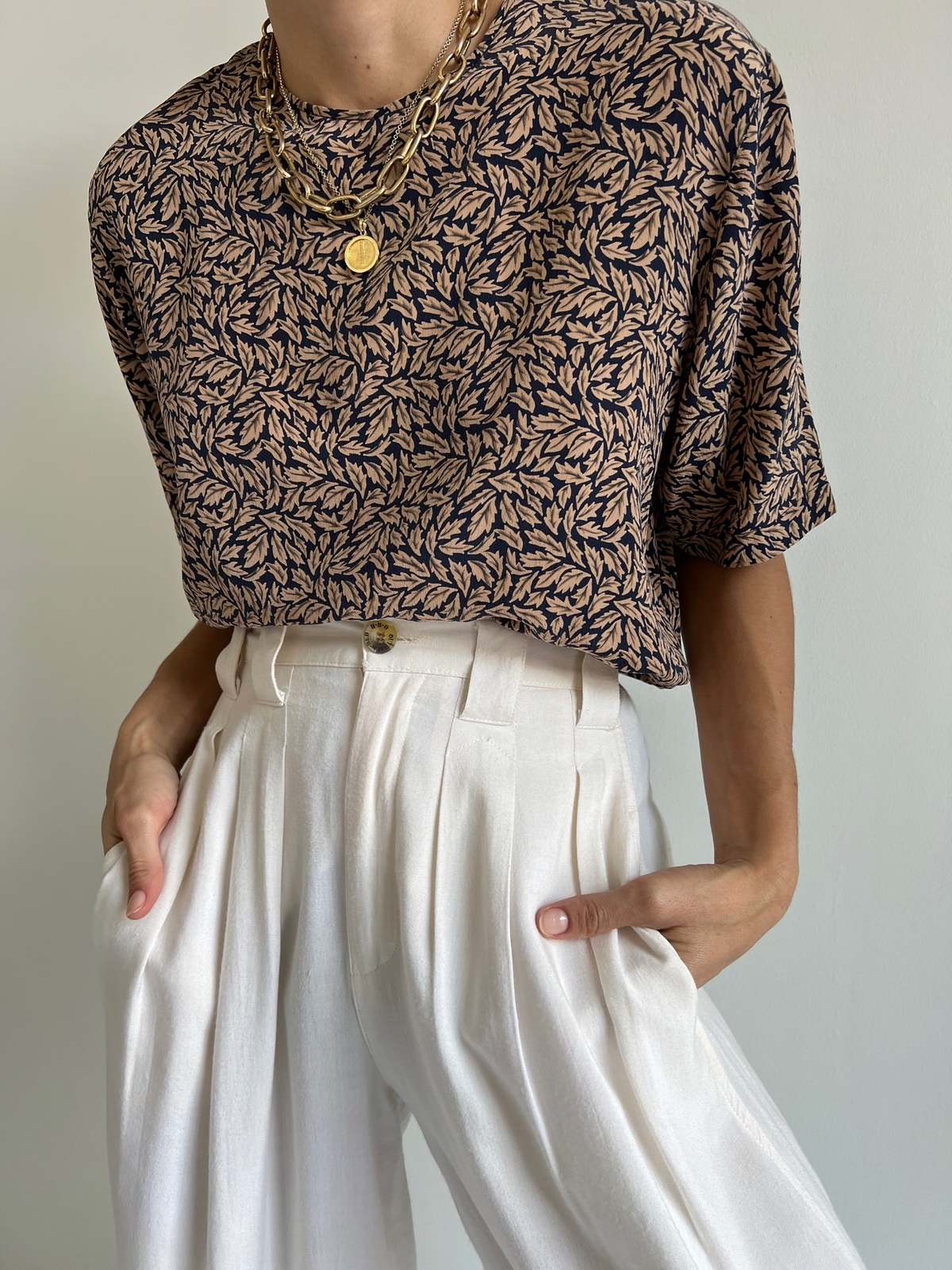 Vintage Sable and Cumin Pure Silk Leaf Print Blouse | Garmentory