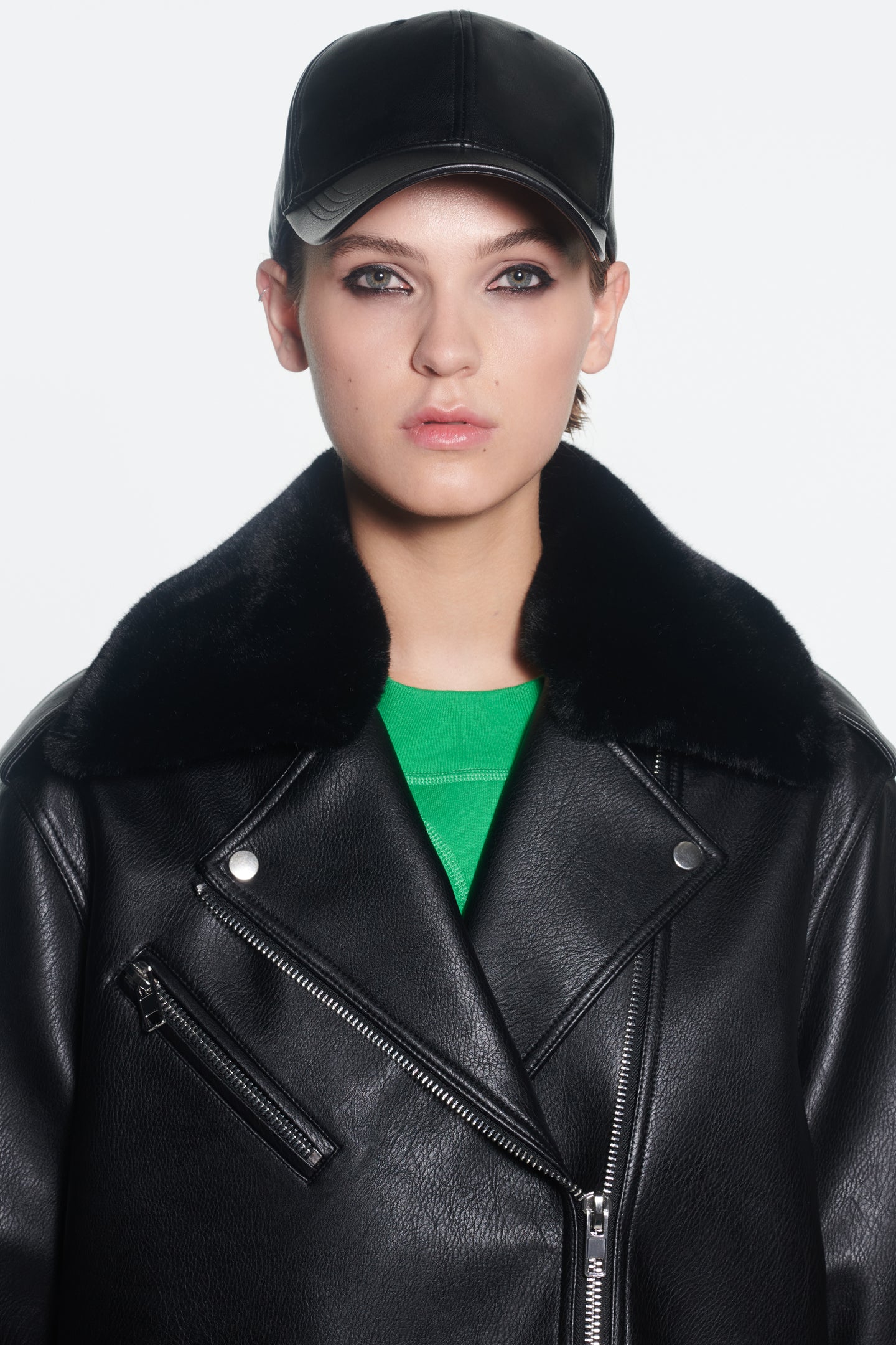 Stand Jade Faux Leather Rich Grain Biker Jacket - Black | Garmentory